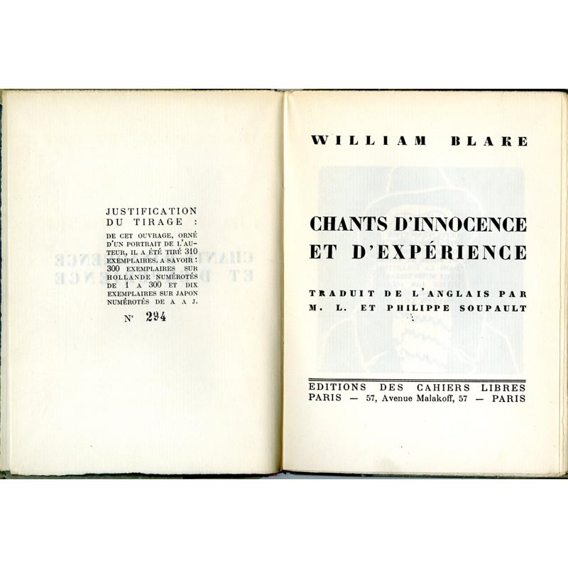 William Blake, Chants d'innocence et d'expérience, 1927